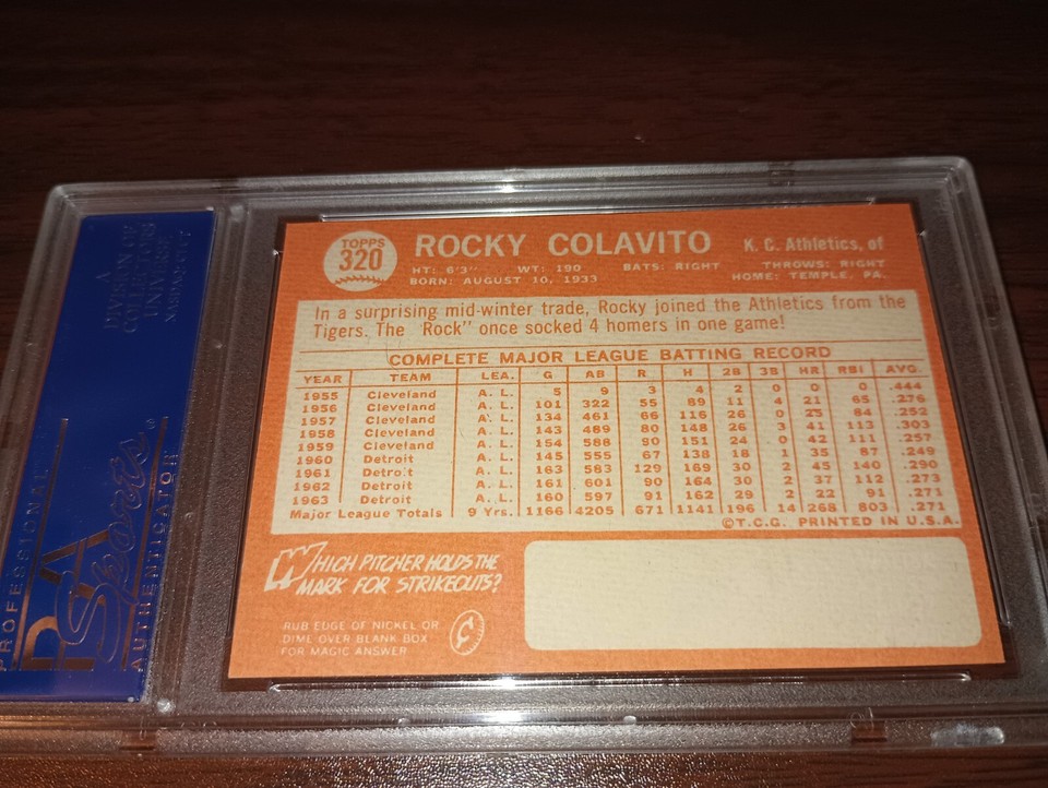 1964 Topps Baseball #320 Rocky Colavito PSA 9 Mint OC Kansas City ...