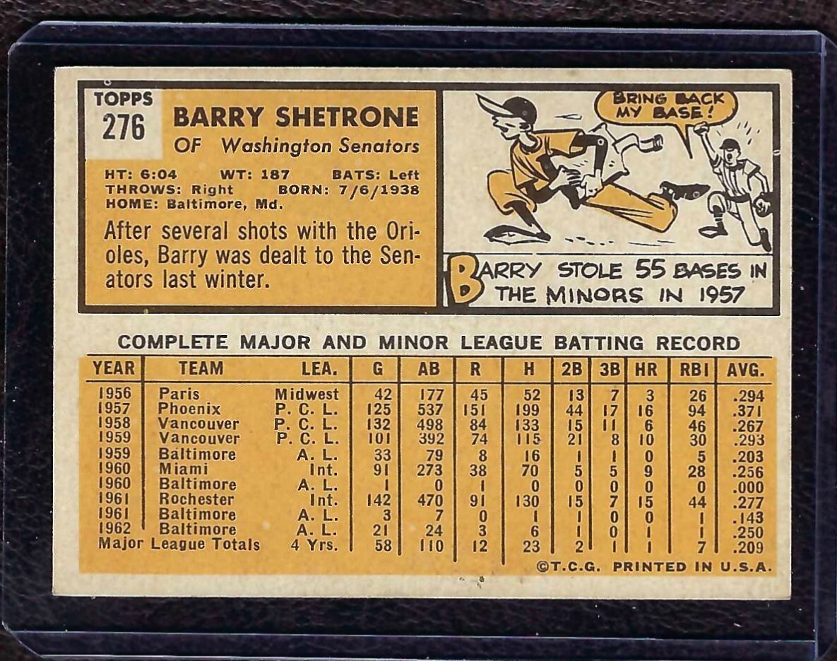 1963 Topps Baseball Card #276 Barry Shetrone, Washington Senators, EX! | eBay