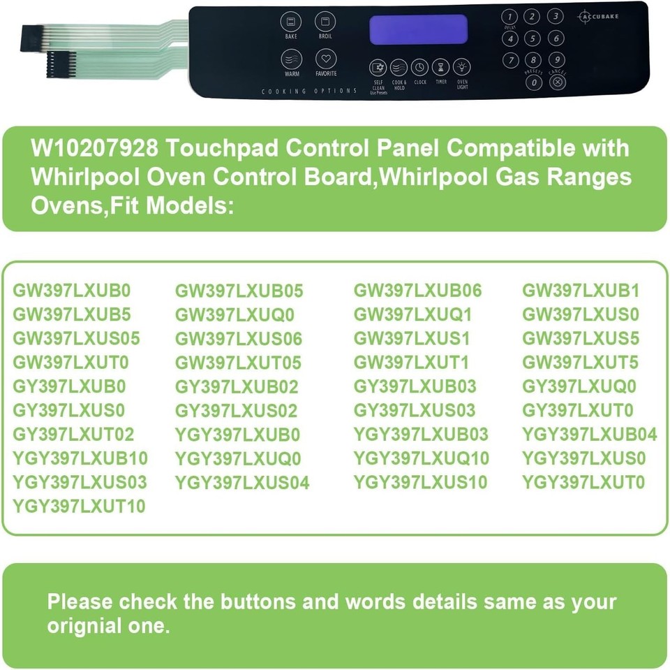 W10207928 Touchpad Control Panel for Whirlpool Range/Oven | eBay