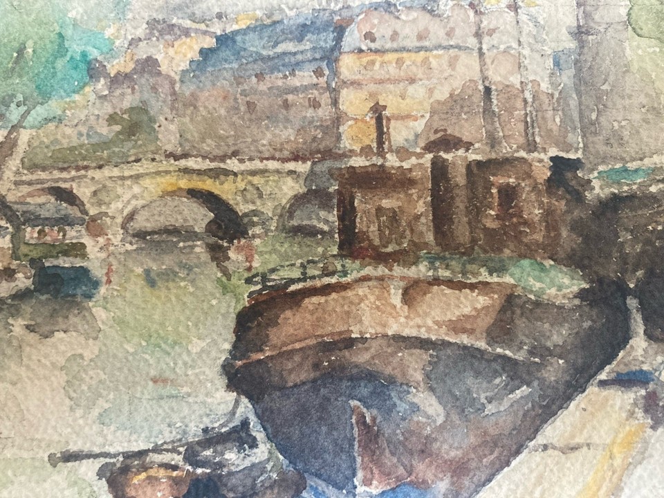 Beautiful Painting Seine Paris Quay Watercolor 1950 Boat Art Barge To ...