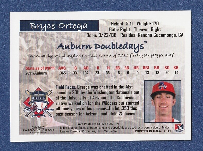 BRYCE ORTEGA 2011 Grandstand RC New York Penn League All Star Nationals ...