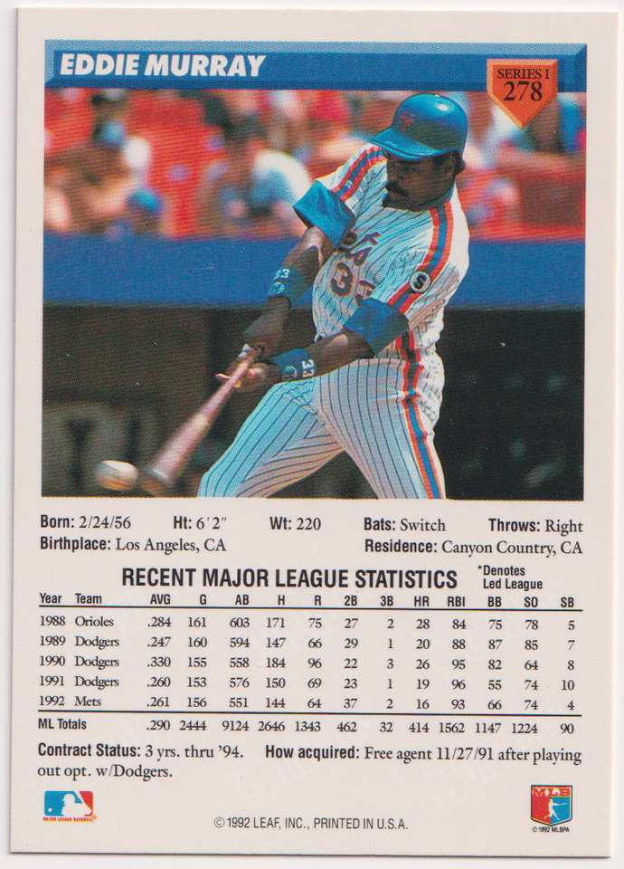 1993 Donruss #278 Eddie Murray New York Mets HOF | eBay