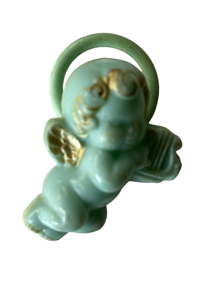 Cherub Angel with Harp Baby Rattle Ring Toy Vintage Plastic Green ...