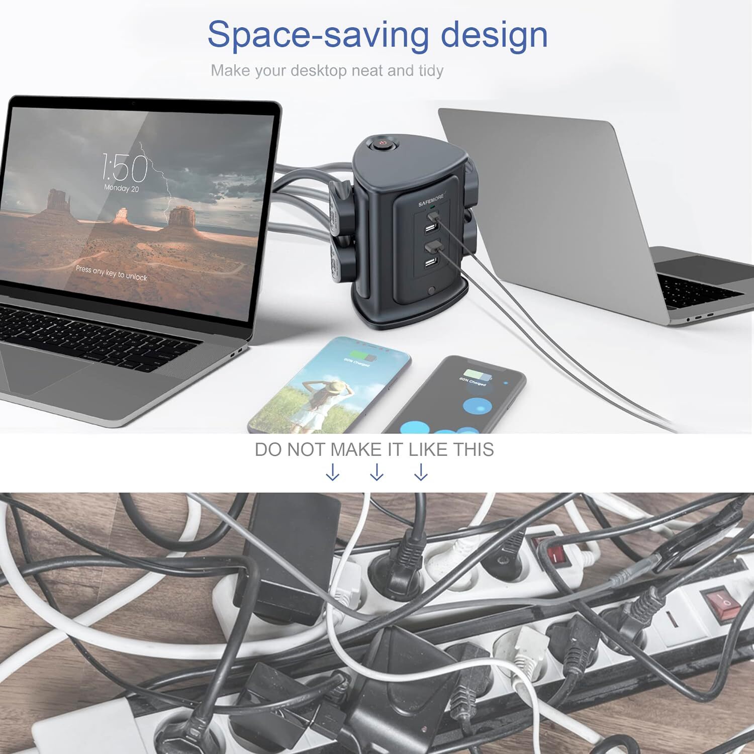 EXTENTION LEAD VERTICAL POWER STRIP TOWER MULTI PLUG USB UK SOCKET 2M ...