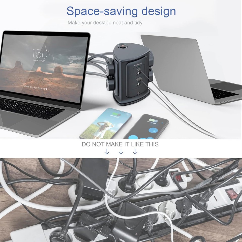 EXTENTION LEAD VERTICAL POWER STRIP TOWER MULTI PLUG USB UK SOCKET 2M ...