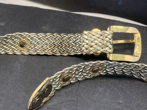 VTG Braided Metallic Gold Leather Belt Lion Conchos Boho Disco Casual M ...