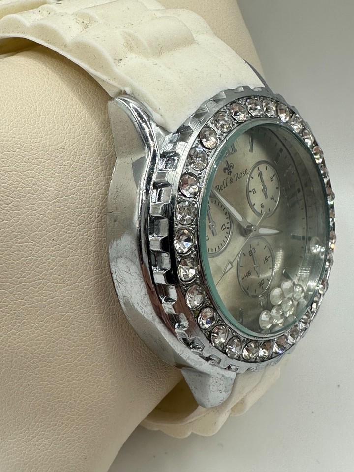 Bell & Rose White Silicone Watch With Rhinestone Bezel And Faux Sub ...