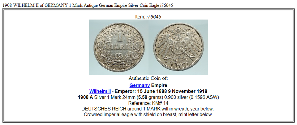 1908 WILHELM II of GERMANY 1 Mark Antique German Empire Silver Coin ...