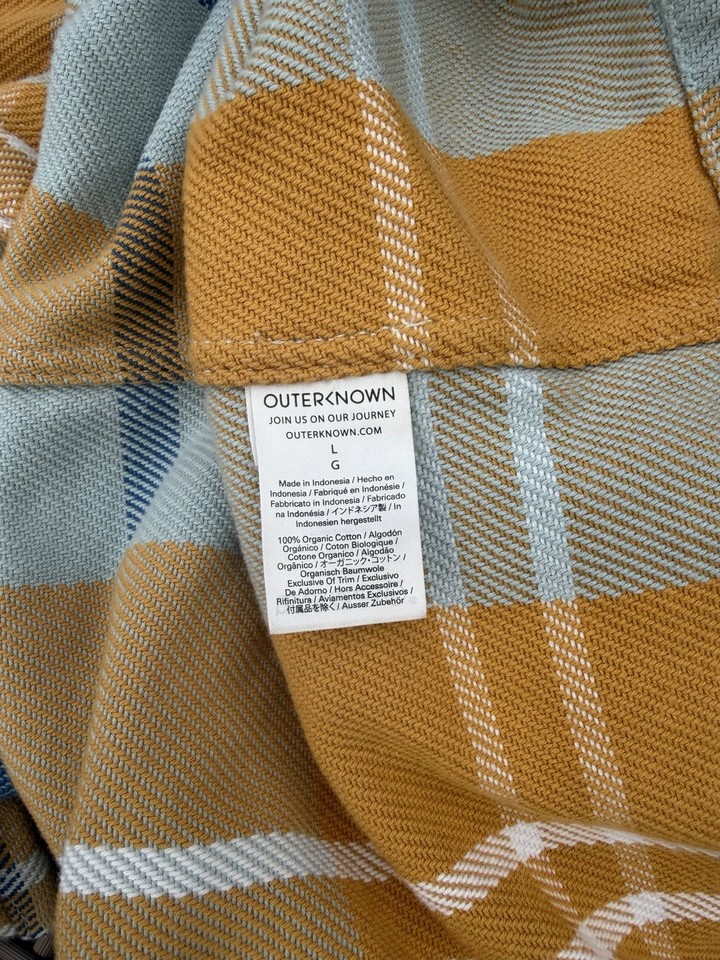Outerknown Mens L Blanket Shirt Yellow Blue Button Pocket Shacket Plaid ...