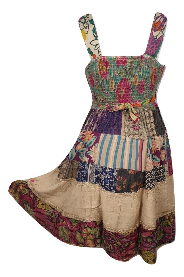 Plus Size Patchwork Dress Knee Length Embroidered Smocked Back One Size ...