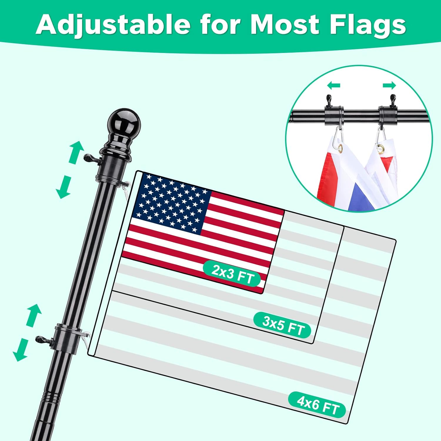 Flag pole rod 6' Long black Muti Position holder fit flag 3' 4' 5 ...