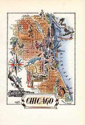 1940s Vintage Chicago Picture Map Liozu Chicago Illinois Map Wall Art ...