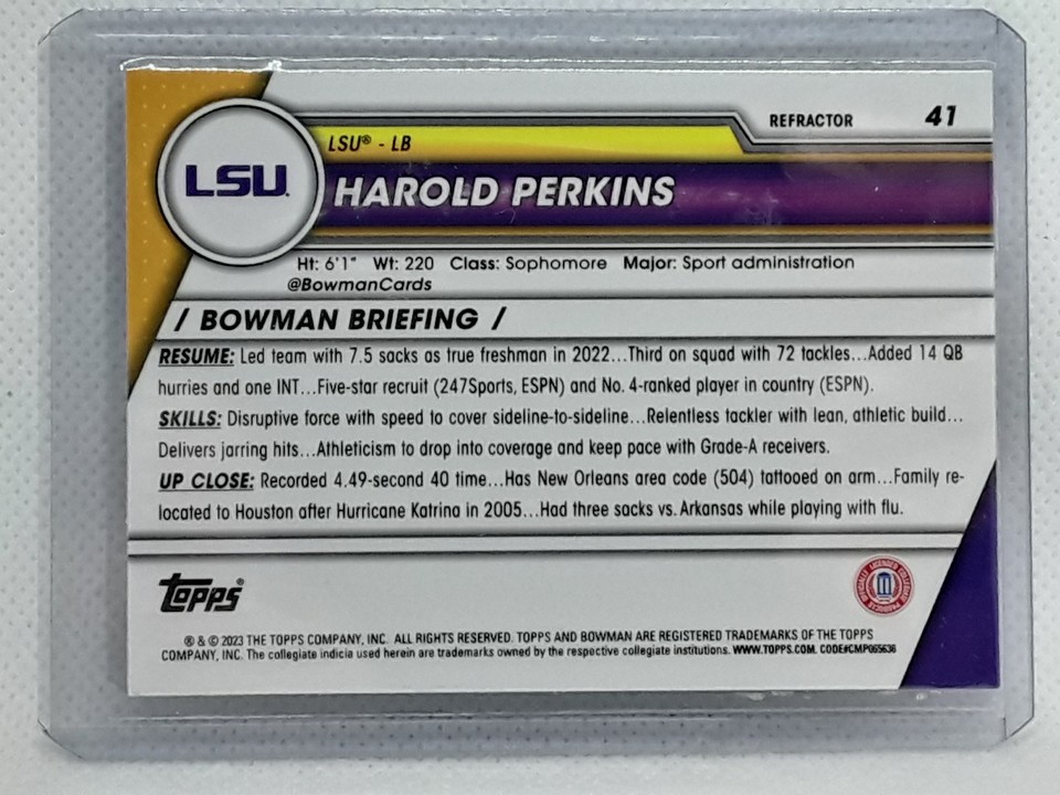 Harold Perkins 2023 Bowman Chrome 1st Refractor #41 LSU Tigers | eBay