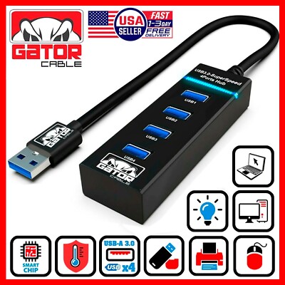 USB 3.0 HUB 4-USB Port Multi Adapter Charger Data For PC Mac Laptop ...