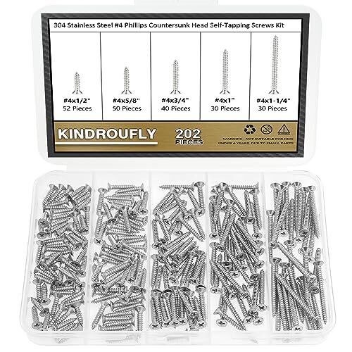 202 Pieces #4 x 1/2" 5/8" 3/4" 1" 1-1/4" Phillips Countersunk Head Self ...