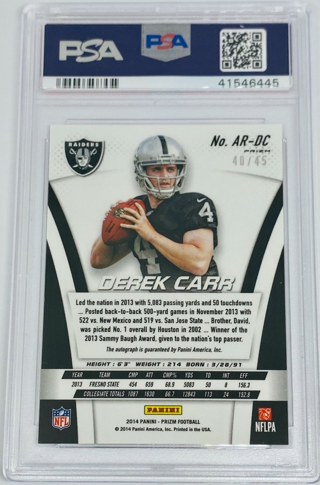 DEREK CARR AUTO RC 2014 PANINI PRIZM RARE PINK /45 ROOKIE AUTOGRAPH PSA ...