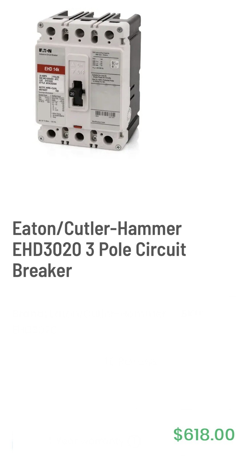 Eaton Cutler-Hammer Circuit 30 AMP Breaker EHD 14k EHD3020 EHD3020BP10 ...