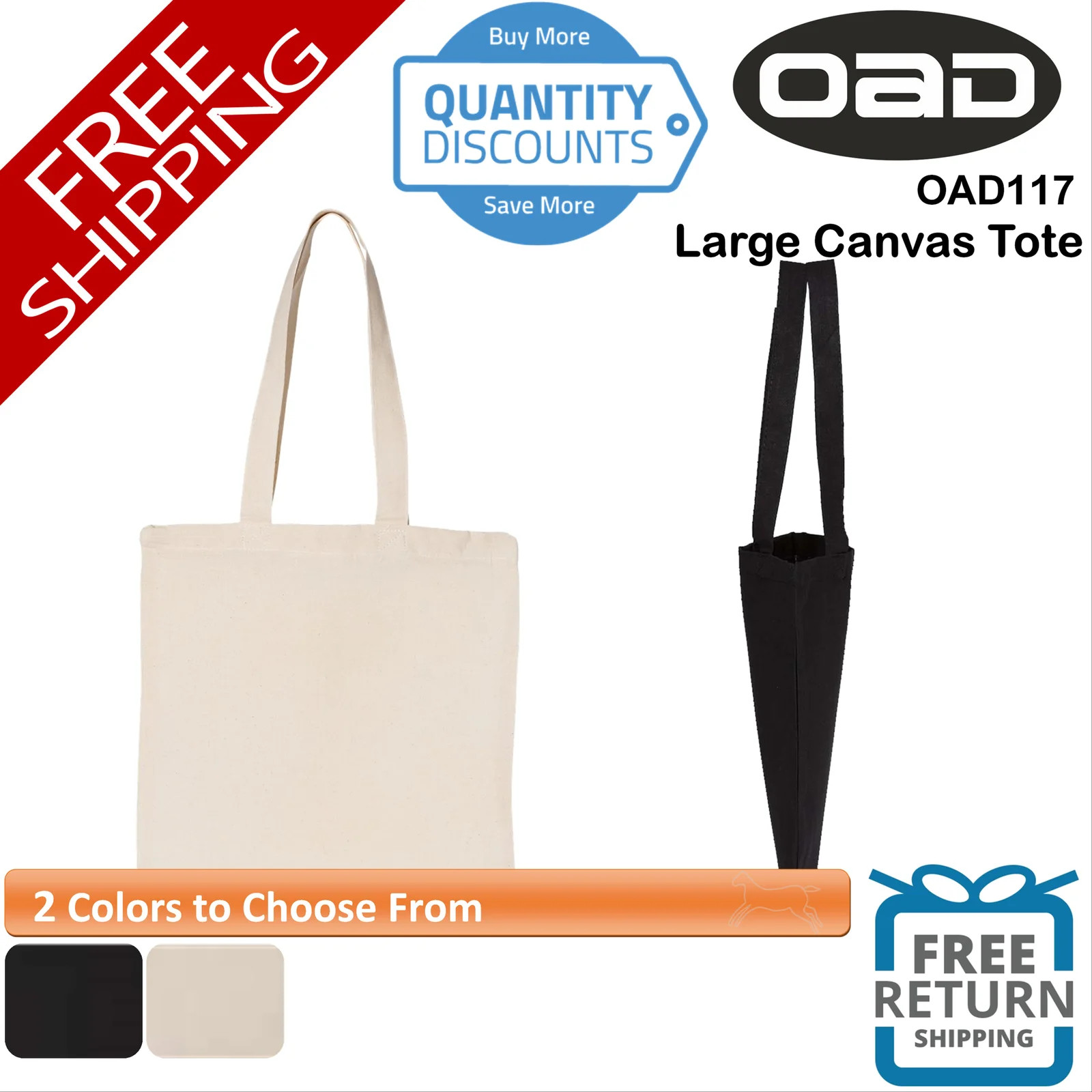 🔥 4 Pack OAD Large 6 oz 100% cotton canvas Tote Bag fabric handles ...