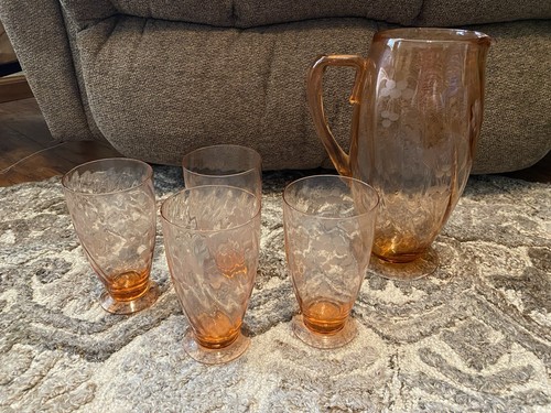 Vintage Pink Depression Glass Floral Etched Footed Tea 5 Piece Pitcher ...