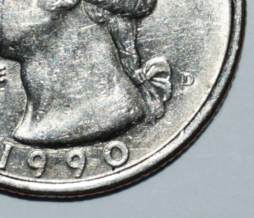1990 D Washington Quarter Error Double-Die Mint Mark, DD Wing Die Clash ...