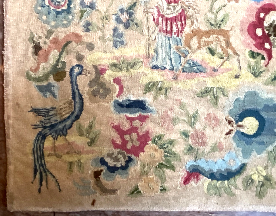 a) ANTIQUE FINE HAND SEWN WOOL TAPESTRY EMBROIDERY PANEL, 46 X 50 CMS ...