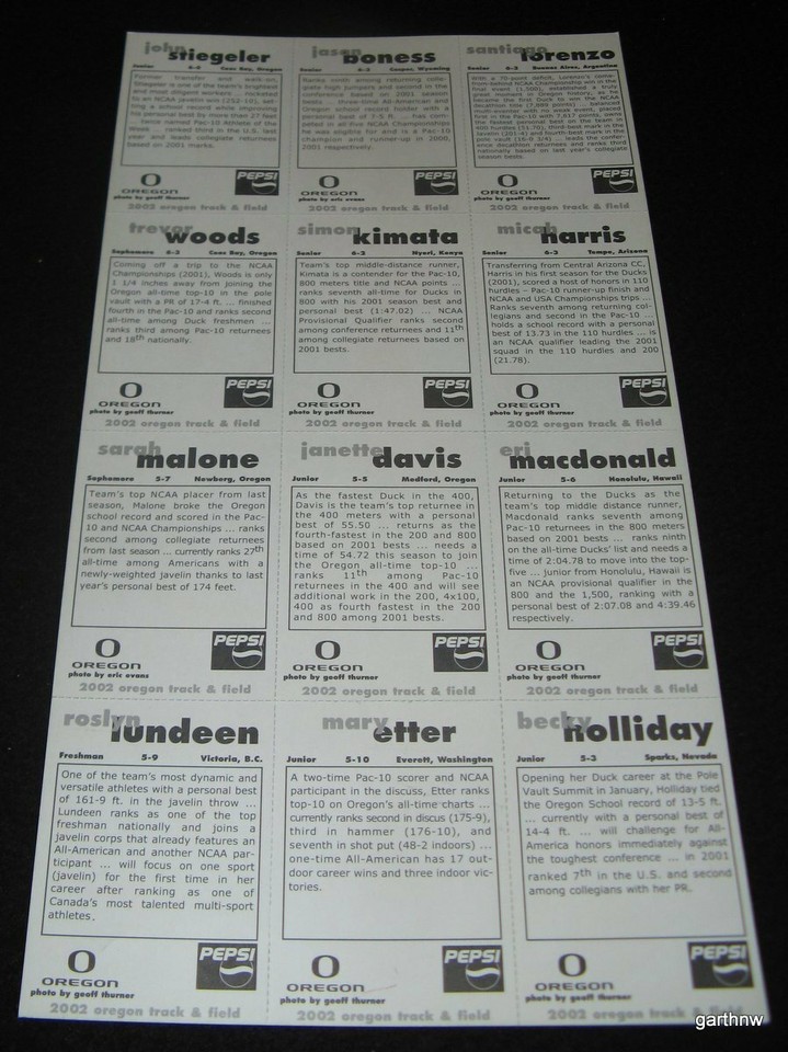 OREGON DUCKS TRACK TEAM 2002 UNCUT PROMO CARD SET 12 ATHLETES MICAH ...