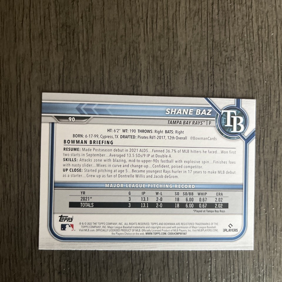 2022 Bowman Shane Baz #90 Tampa Bay Rays, Rookie Baseball Card | eBay