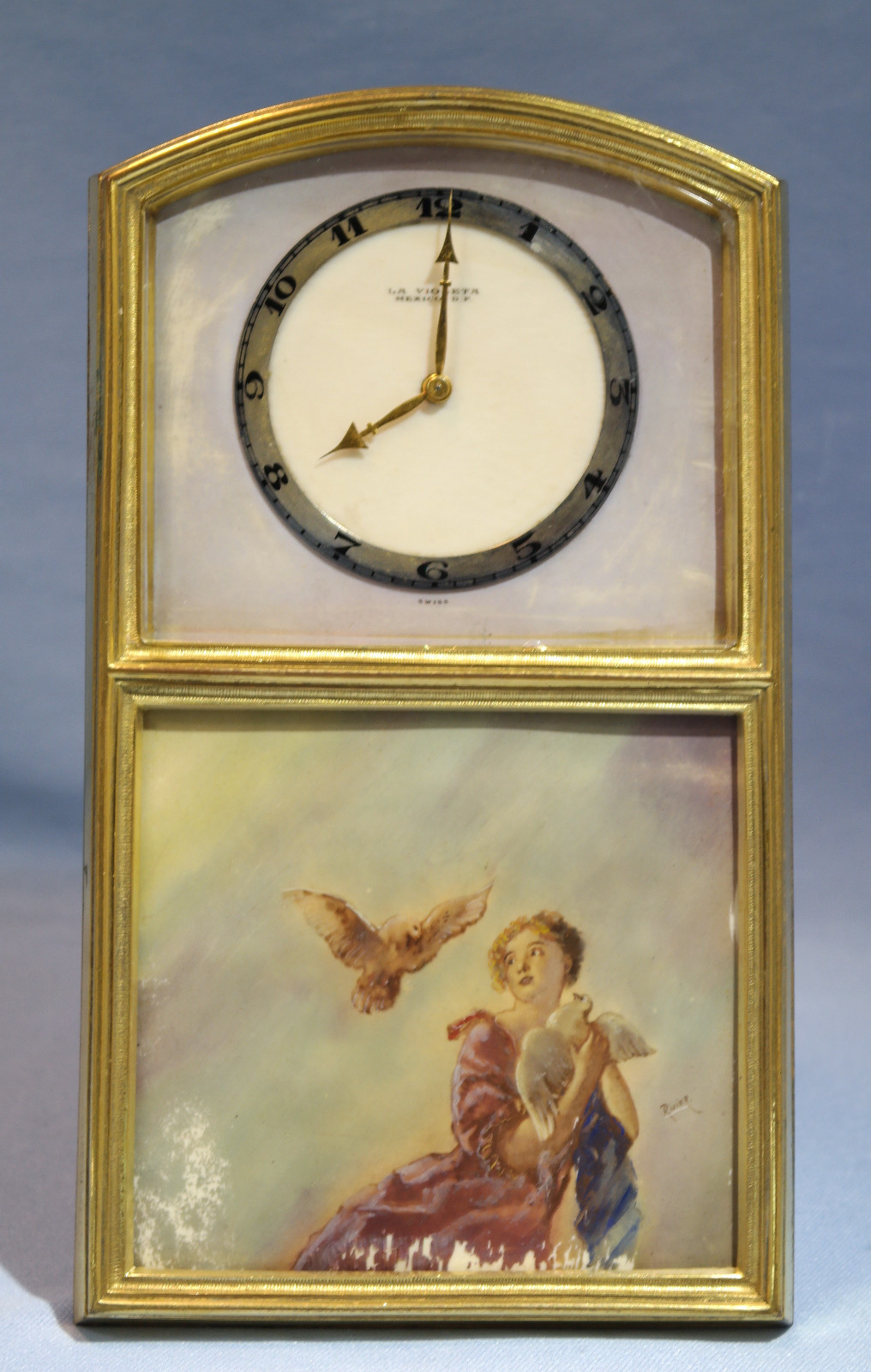 Swiss Gilt Bronze Mechanical Easel Clock Painted Plaque Girl & Doves LA ...