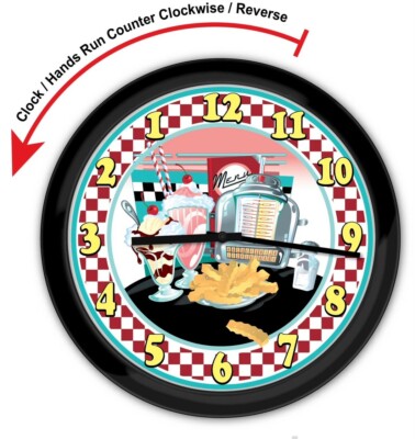 BACKWARDS REVERSE WALL CLOCK - Retro Diner 50s Kitchen - FUNNY NOVELTY ...