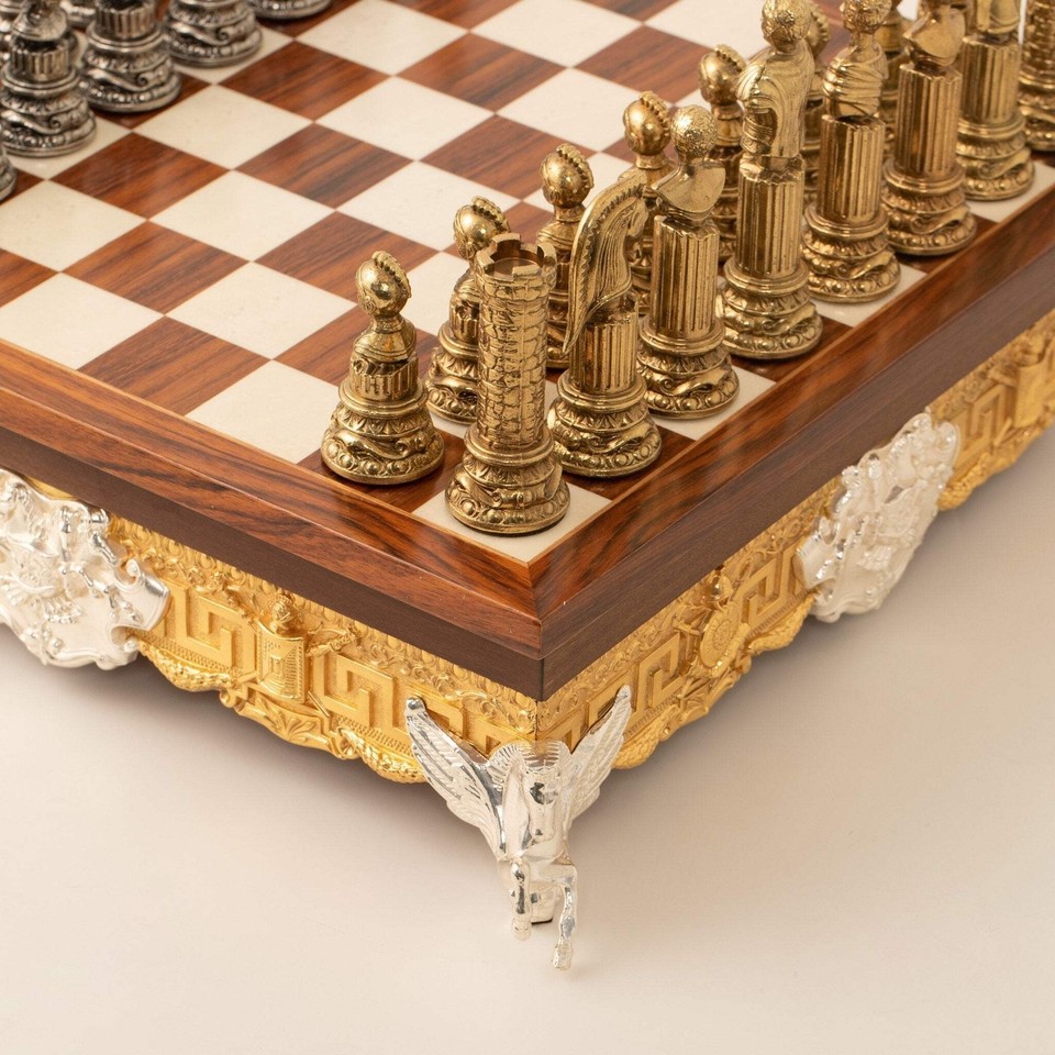 Roman Emperors Metal Chess Set, 12cm King, Wood Board, Gold/Silver ...