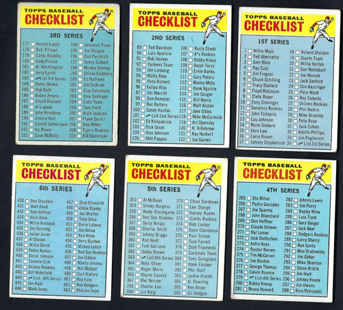 1966 TOPPS BASEBALL CHECKLIST CARD LOT X 6 DIFFERENT ALL UNMARKED VG TO ...