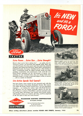 1953 Ford Tractors, Dearborn Equipment Ad: Industrial Loader, Red Tiger ...