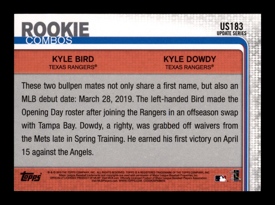 2019 Topps Update #US183 Kyle Bird / Kyle Dowdy RC Texas Rangers | eBay