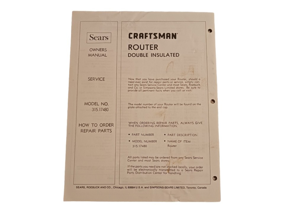 Sears Craftsman Router Double Insulated Model 315.17480 Owners Guide ...