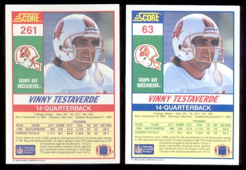 1990 Score VINNY TESTAVERDE Tampa Bay Buccaneers Card + Hottest 100 ...