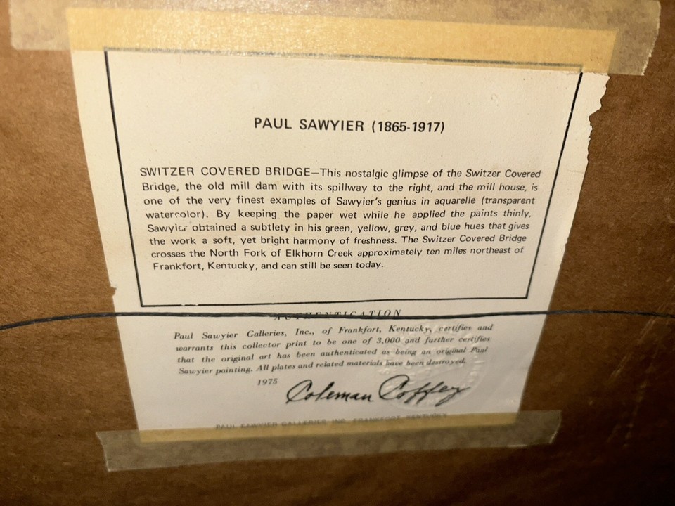 Paul Sawyier Switzer Covered Bridge Print Kentucky Artist COA Matted ...