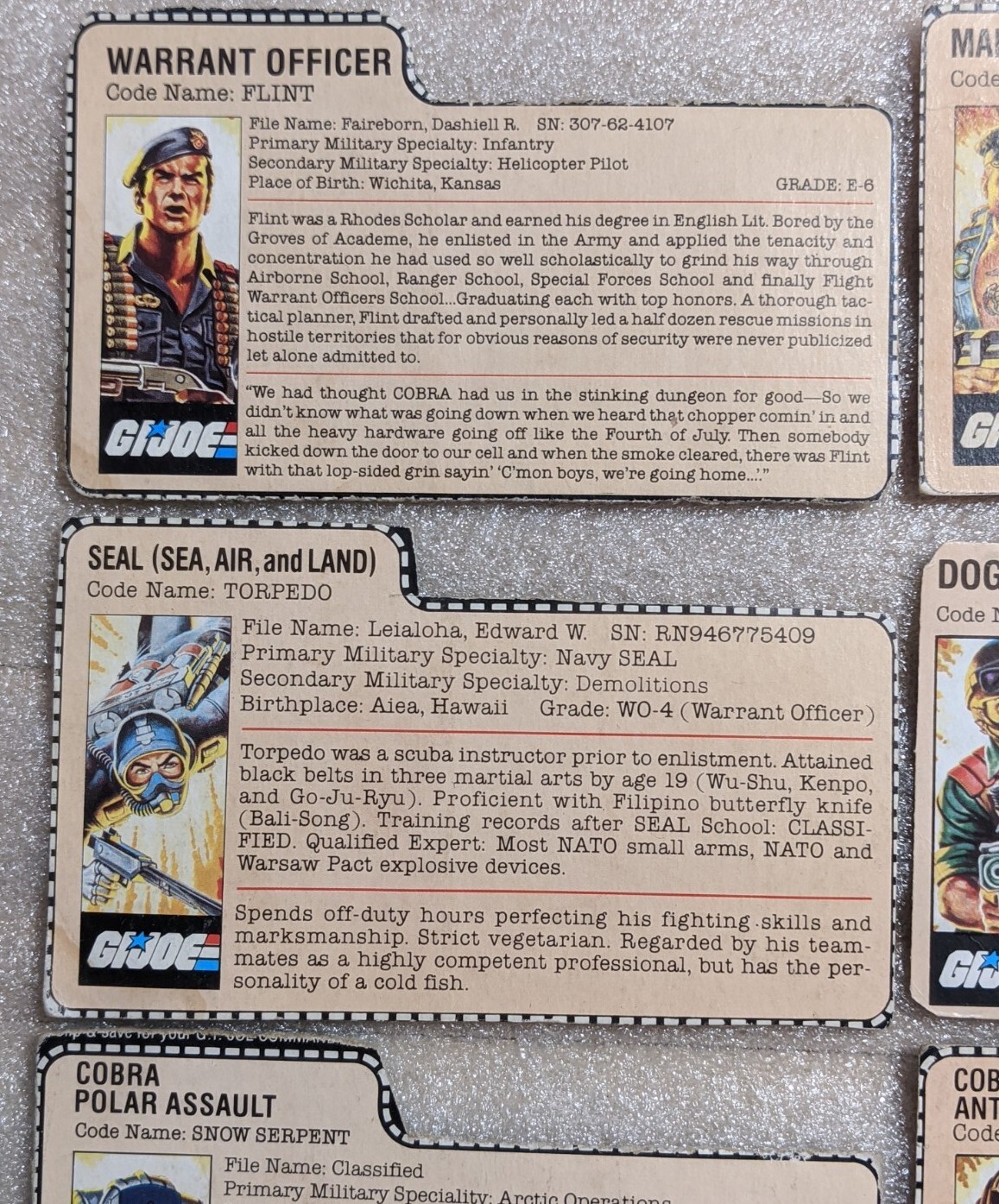 1980's Hasbro Gijoe File Card Lot Flint Gung-Ho Snow Serpent Mutt ...
