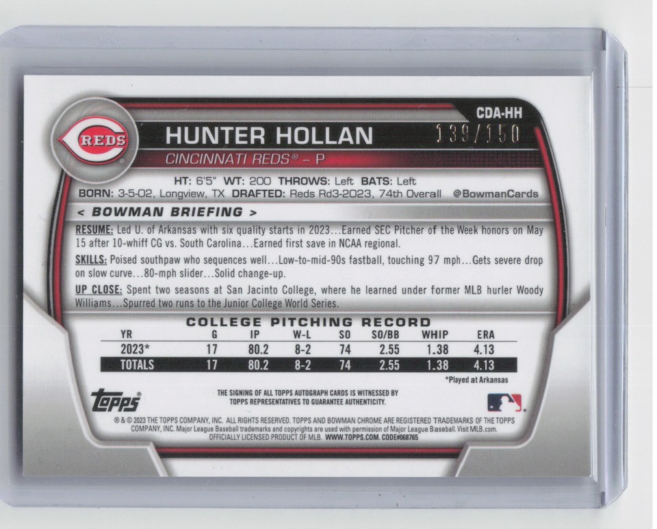 2023 Bowman Draft #CDA-HH Hunter Hollan Prospect Auto Blue Refractor ...