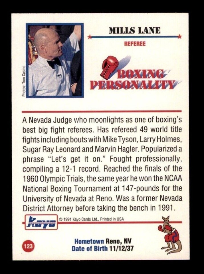 MILLS LANE Boxing Referee / Boxer / NCAA Champ 1991 Kayo Trading Card ...