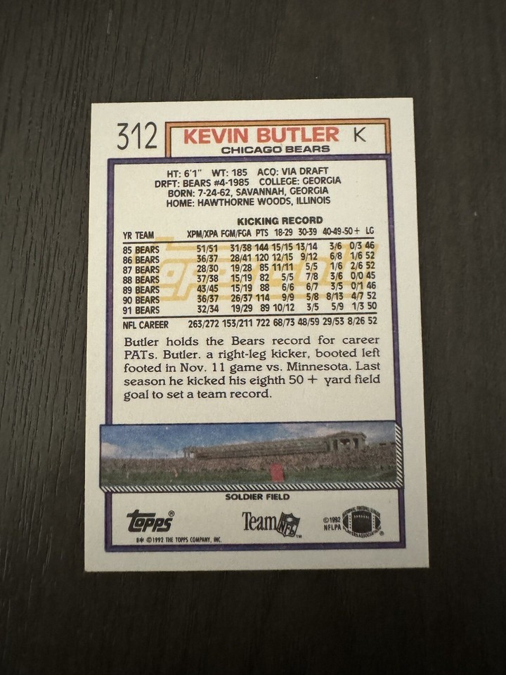 1992 Topps Gold #312 KEVIN BUTLER Chicago Bears Football Card | eBay