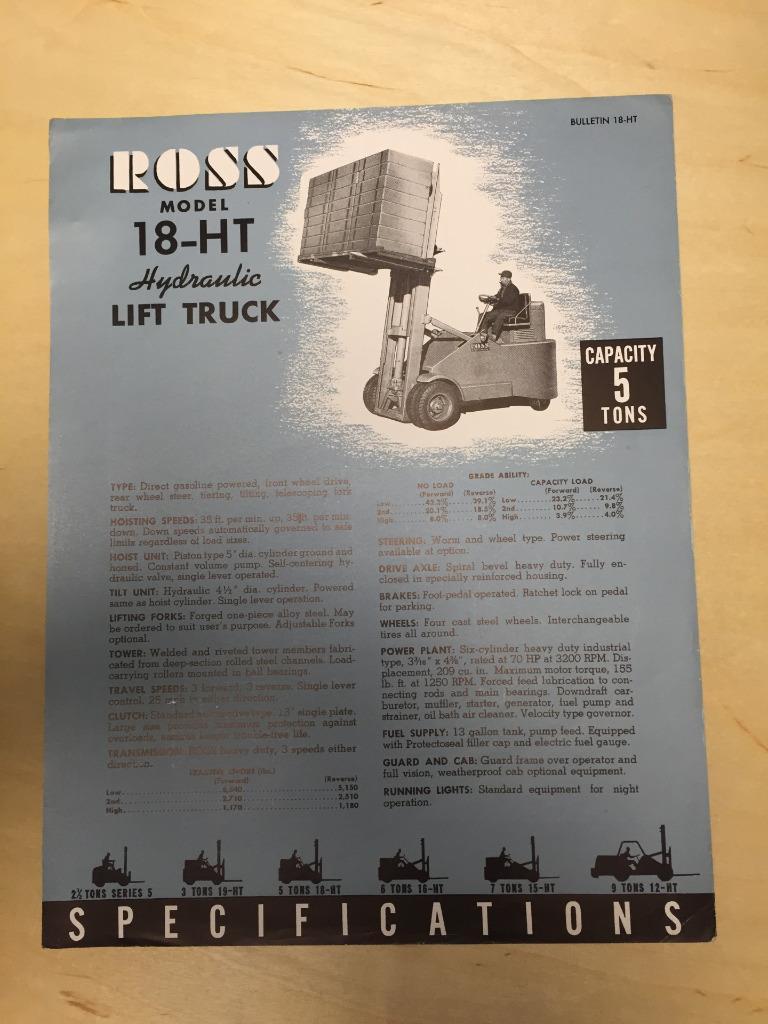 Vtg Ross Carrier Co Brochure Spec Sheet ~ Series 18-HT Lift Truck ...