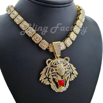 Hip Hop Large Gold Plated Tiger Pendant 16" 18" Full Iced Choker Chain ...