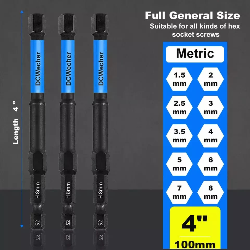 10-Piece Impact Allen Key Drill Bit Set - 4-Inch Long Hex Bit Set ...