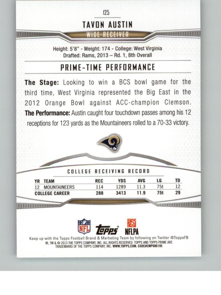 2013 Topps Prime Tavon Austin 125 St. Louis Rams Retail | eBay