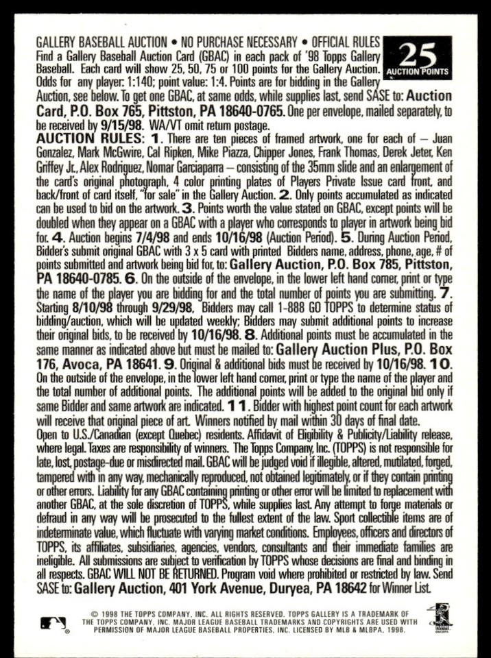 1998 Topps Gallery Player's Private Issue Auction 25 Point Jason ...