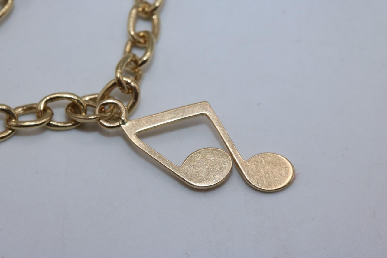 14K Yellow Gold Round Link Musical Notes Charm Hollow Puffed Bracelet 7 ...