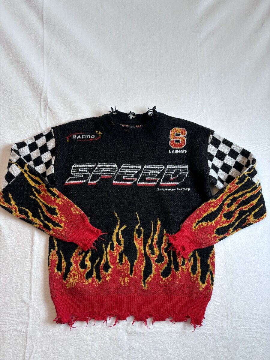 Shein Speed Racing Long Sleeve Flames Black Pullover Sweater Shein Speed Racing Long Sleeve Flames Black Pullover Sweater