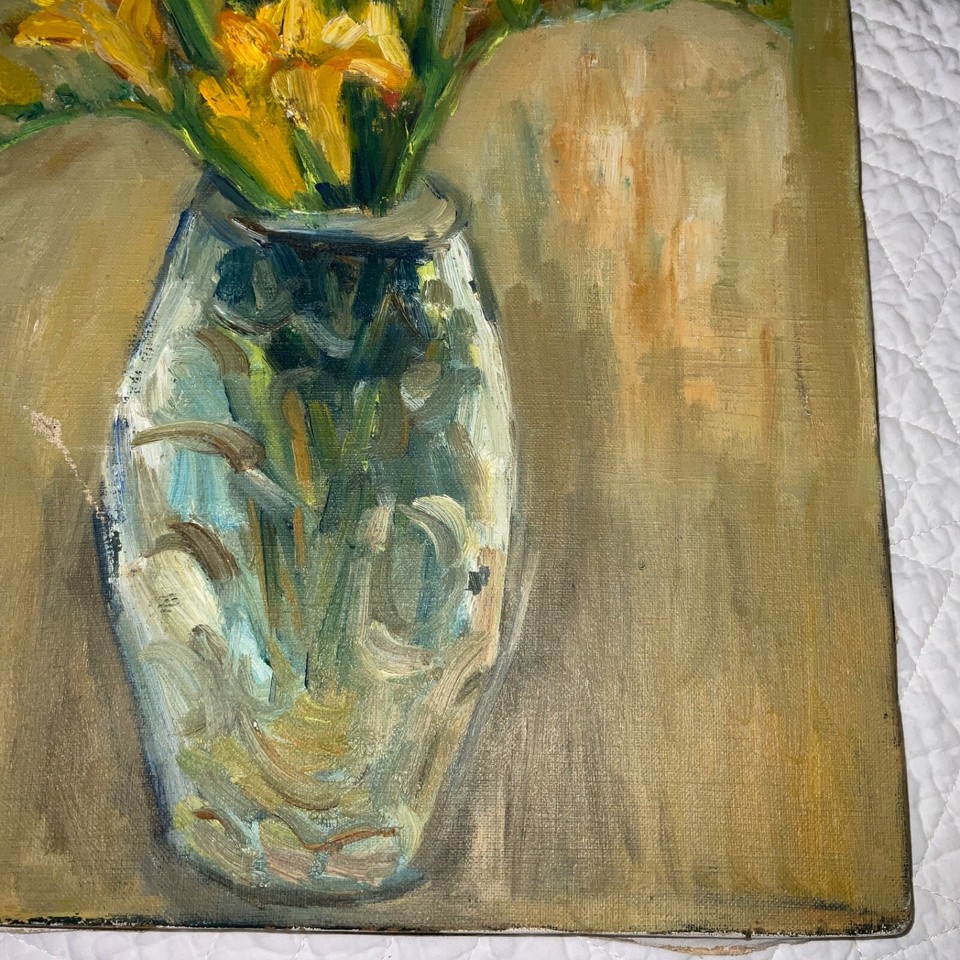 VINTAGE 40s yellow floral flower original hand painted oil PAINTING ...