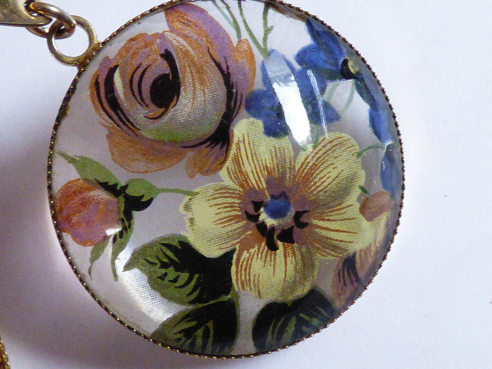 Round Concave Glass with Painted Flowers pendant & gold tone chain ...