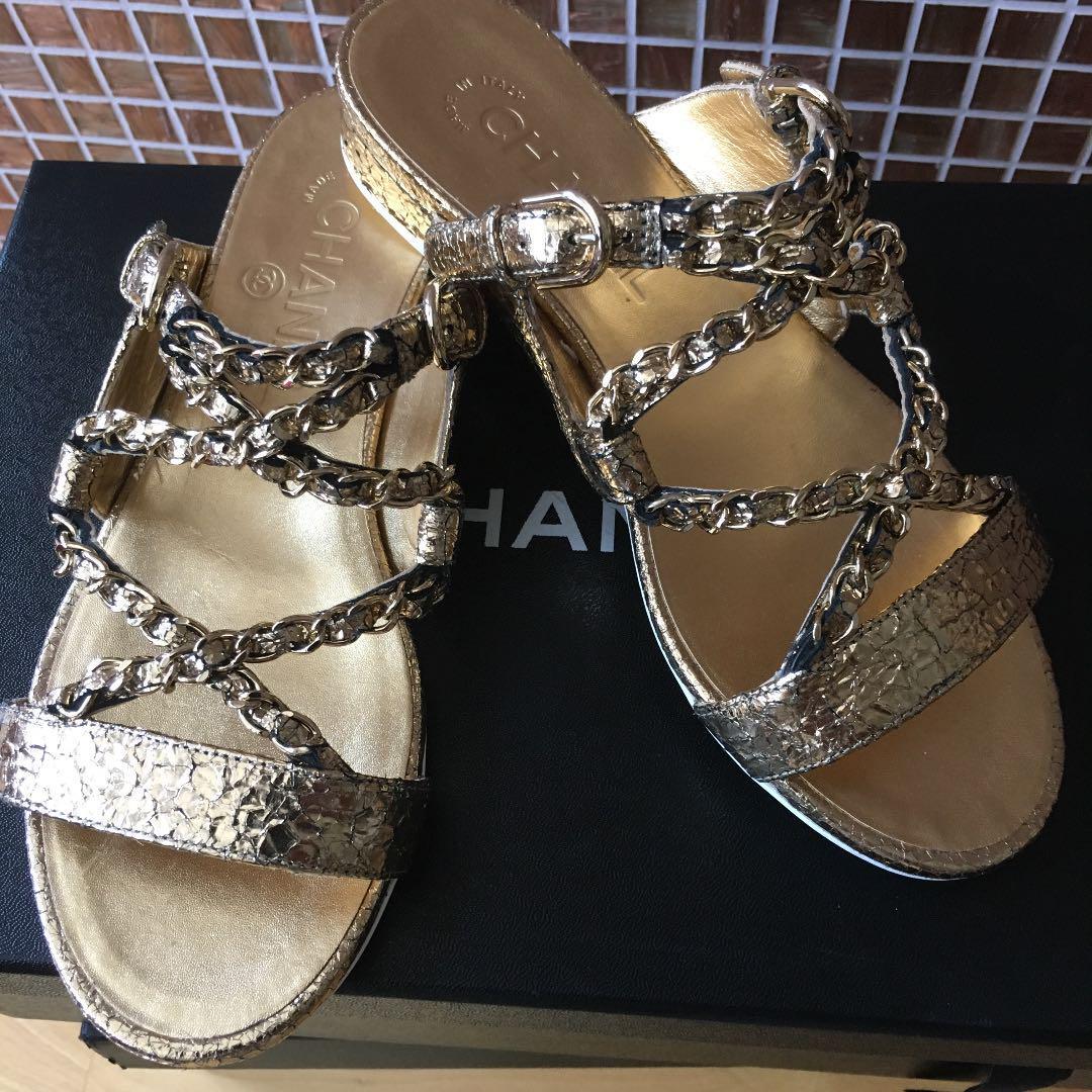 CHANEL Gold Chain Strap Slide Sandals EUR35 Used From… - Gem